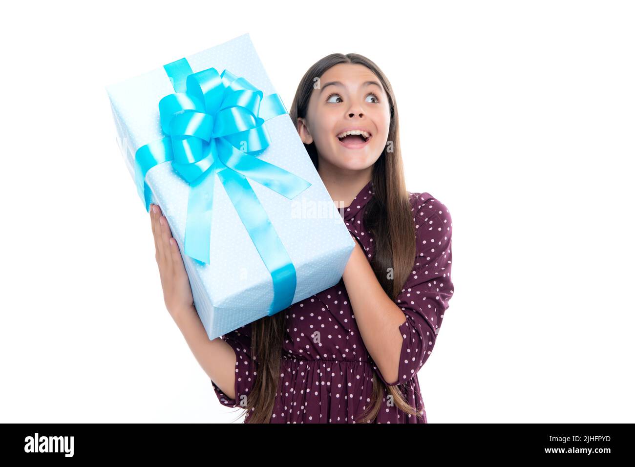 Teenager kid with present box. Teen girl giving birthday gift. Present ...