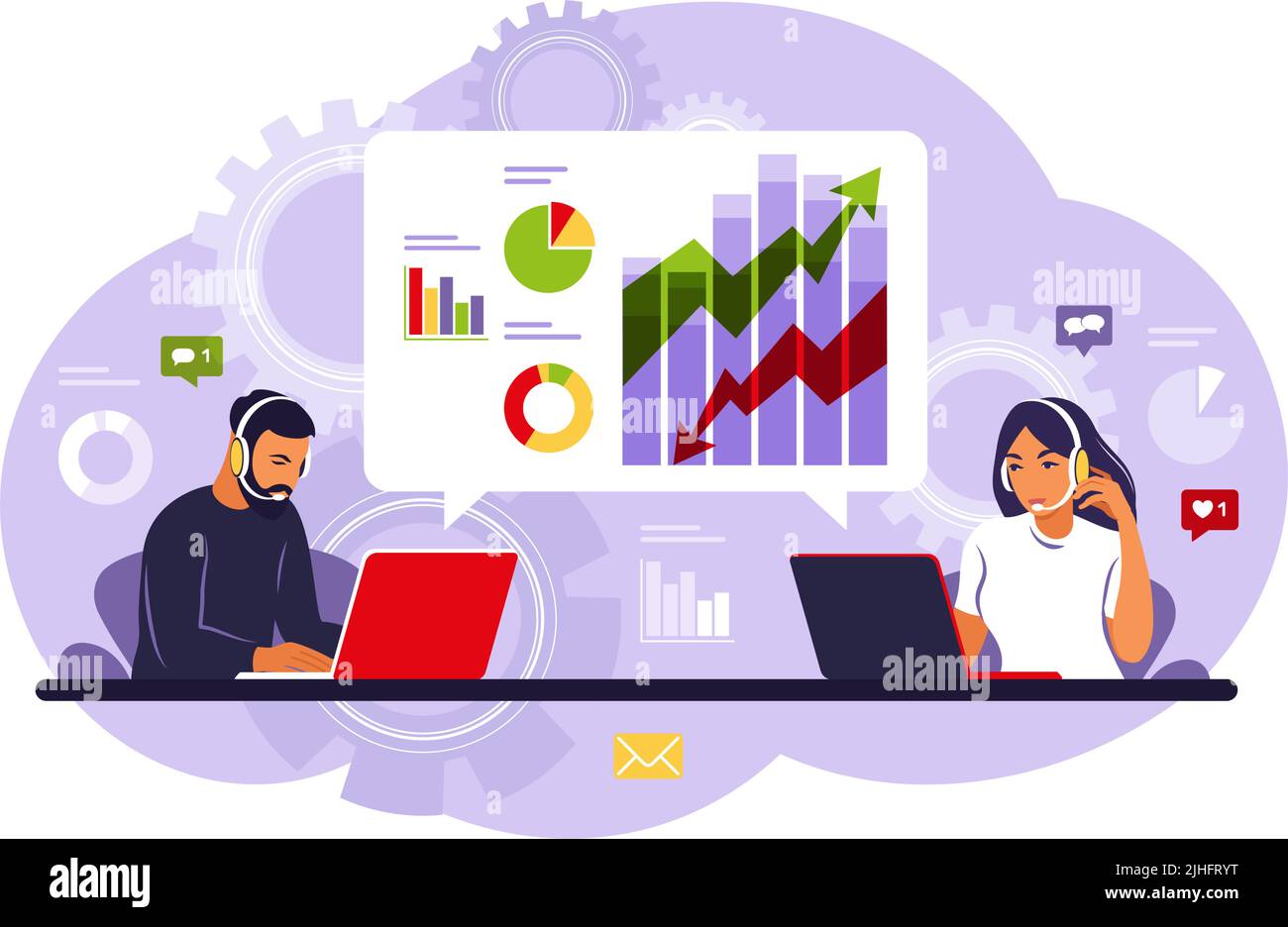 Data analysis and marketing concept. People analysts working with data on dashboard. Vector ...