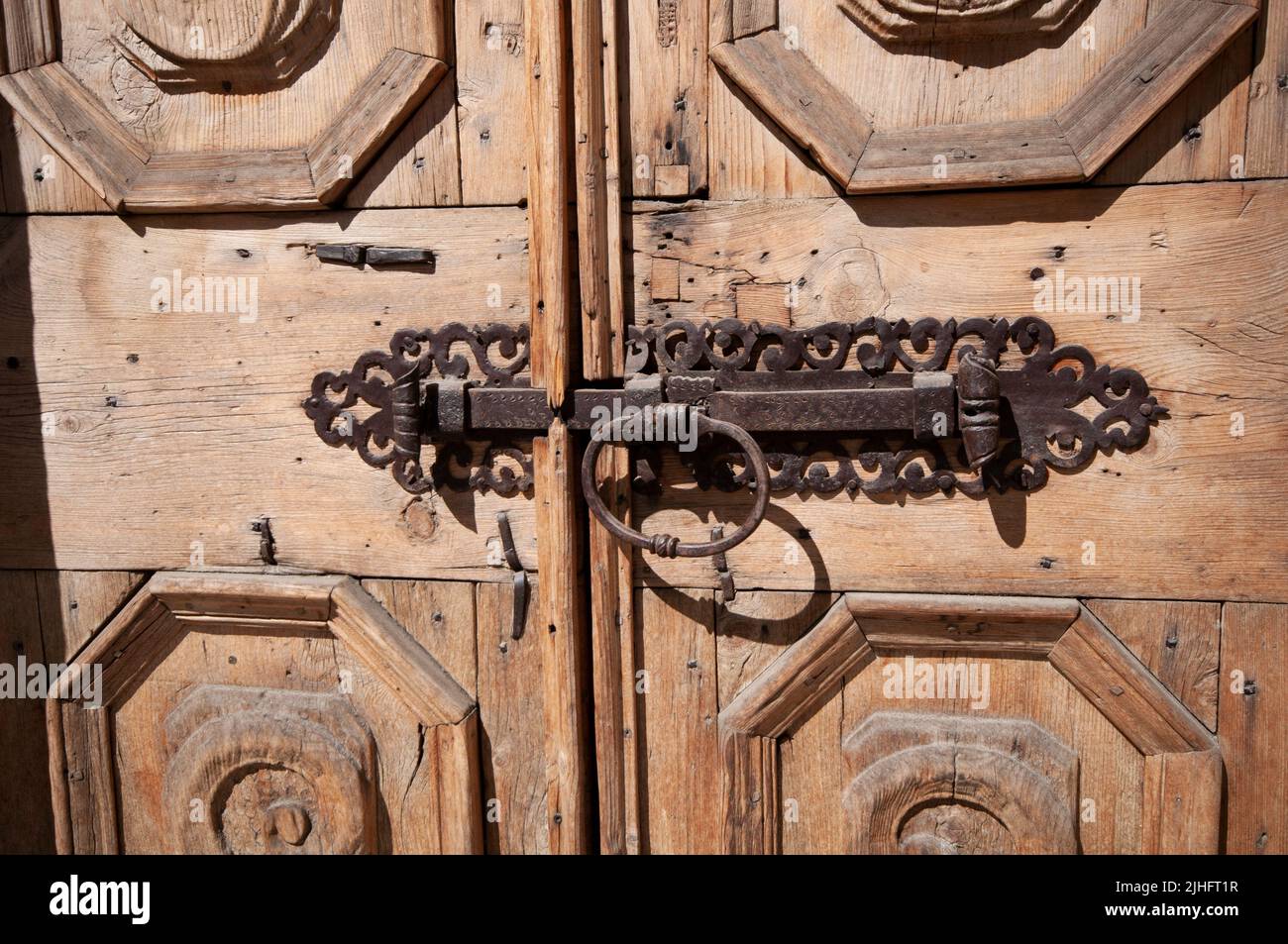 Italy, Lombardy, Valtellina, Bormio, Close-up of Old Door With Latch ...