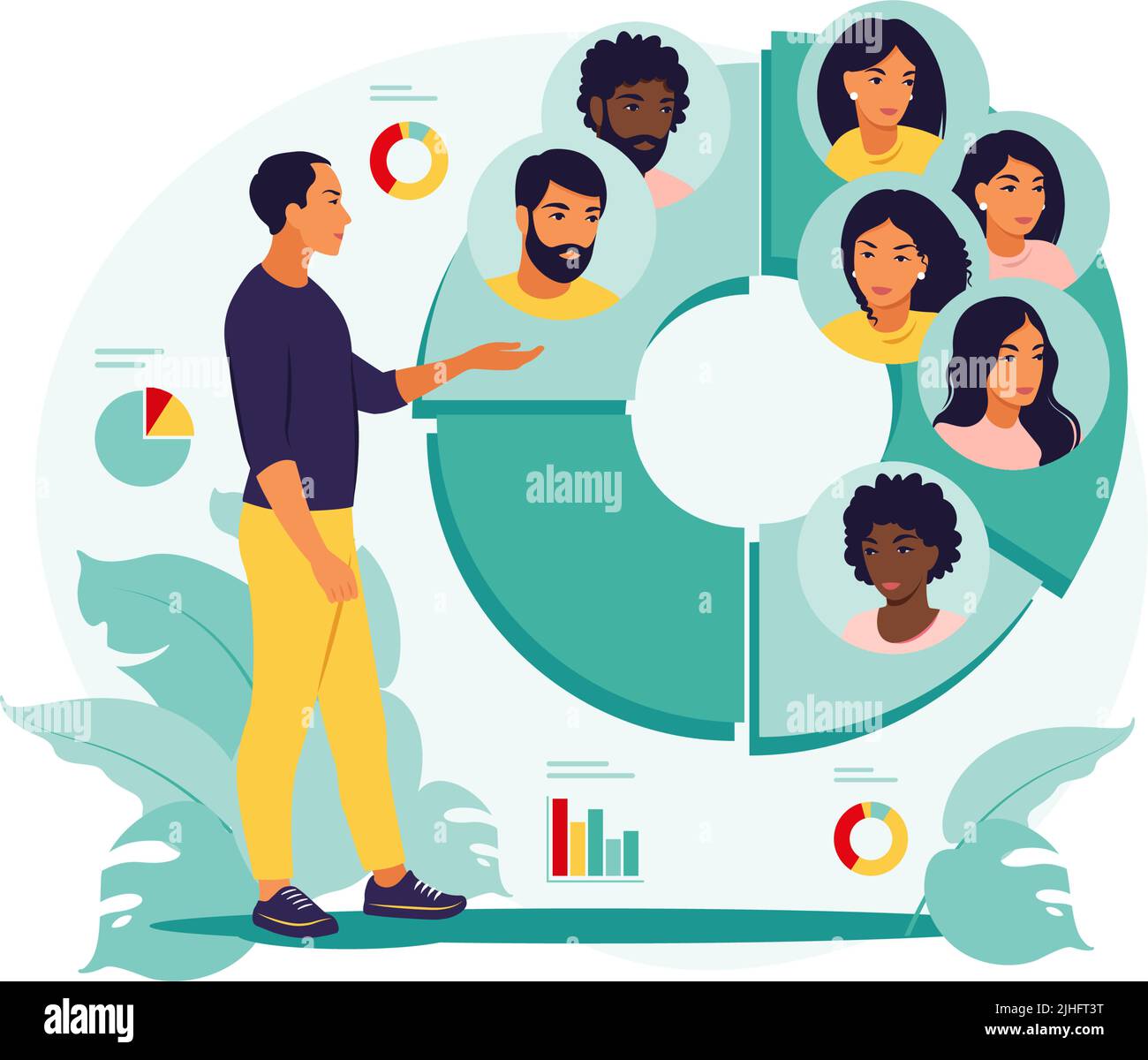 Audience segmentation concept. Man near a large circular chart with ...