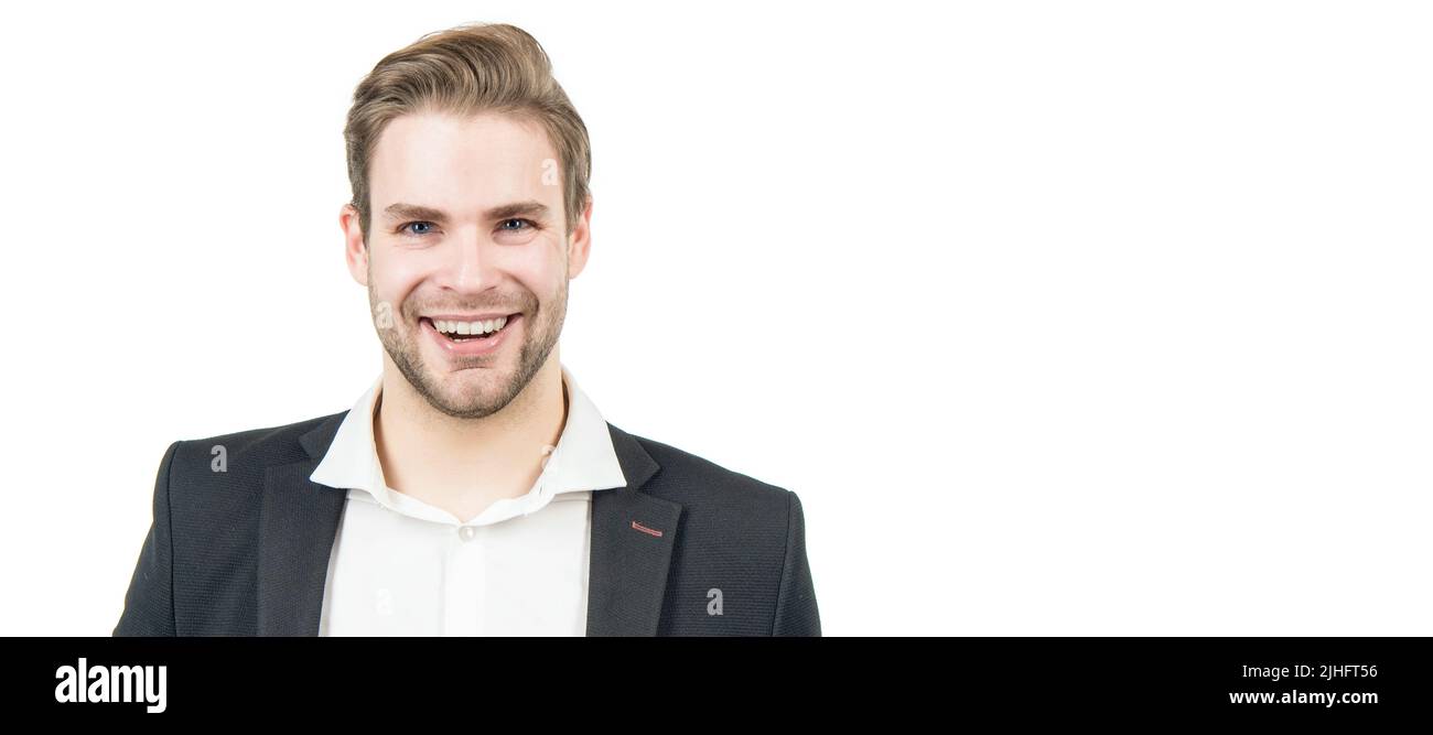 Man face portrait, banner with copy space. Business man in suit ...