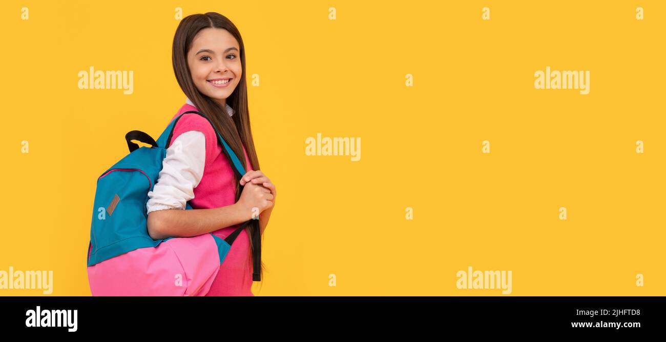 happy teen girl carry backpack. childhood happiness. back to school ...
