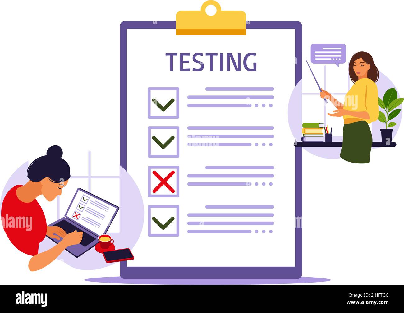 Concept of online exam on internet. Woman sitting near online form ...