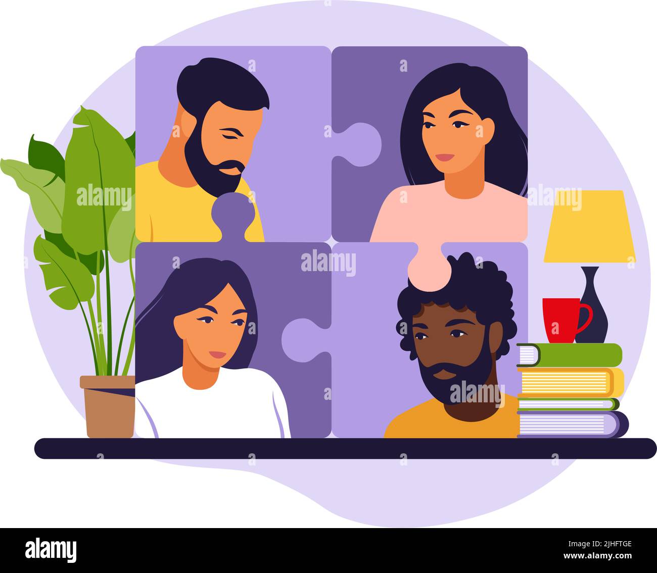 Business team putting together puzzle. Cartoon partners working in ...