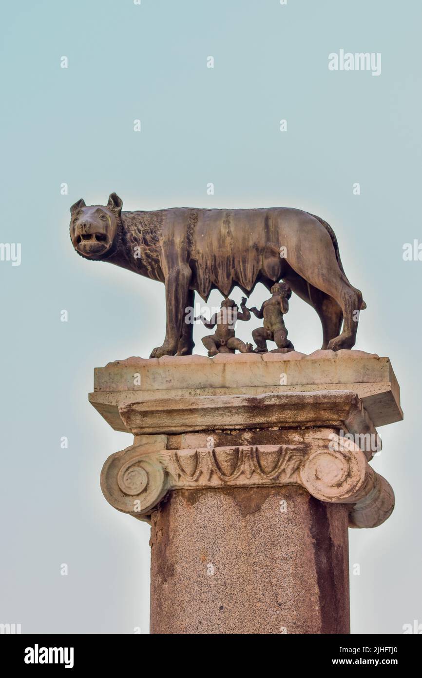 The bronze statue of the Capitoline Wolf (Lupa Capitolina) feeding ...
