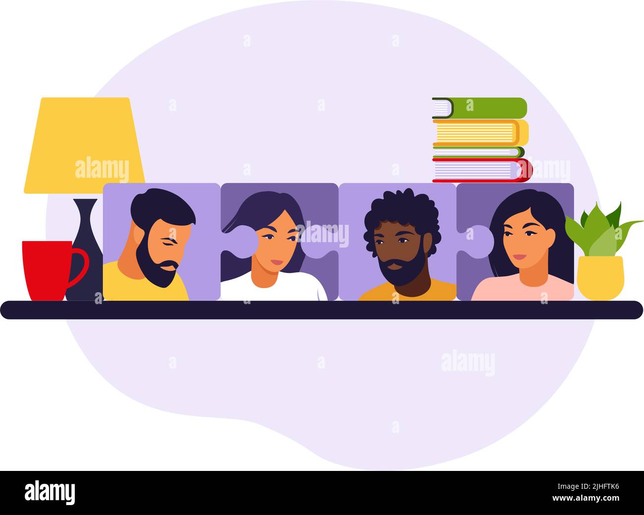 Business team putting together puzzle. Cartoon partners working in ...