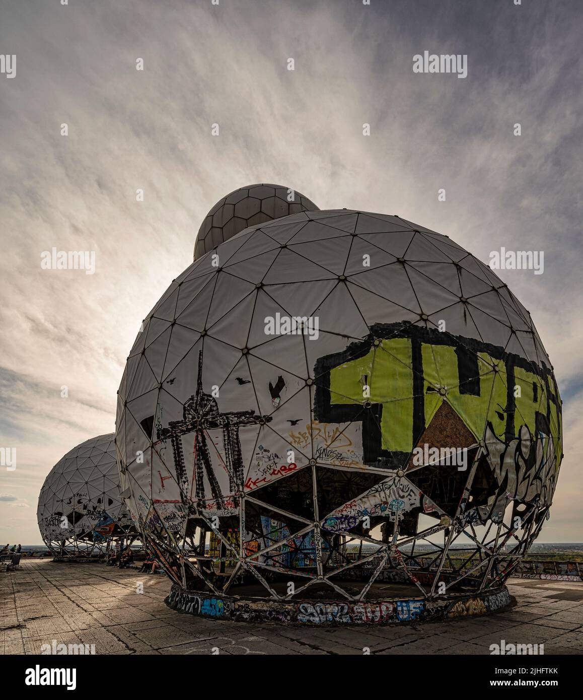 A vertical close-up shot of the NSA listening station on Teufelsberg in ...