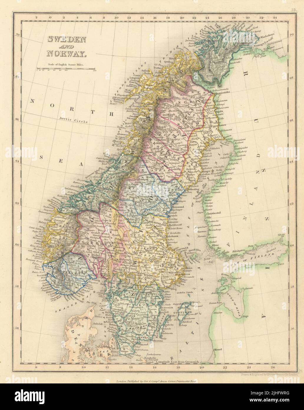Sweden and Norway by John Dower. Scandinavia 1845 old antique map plan ...