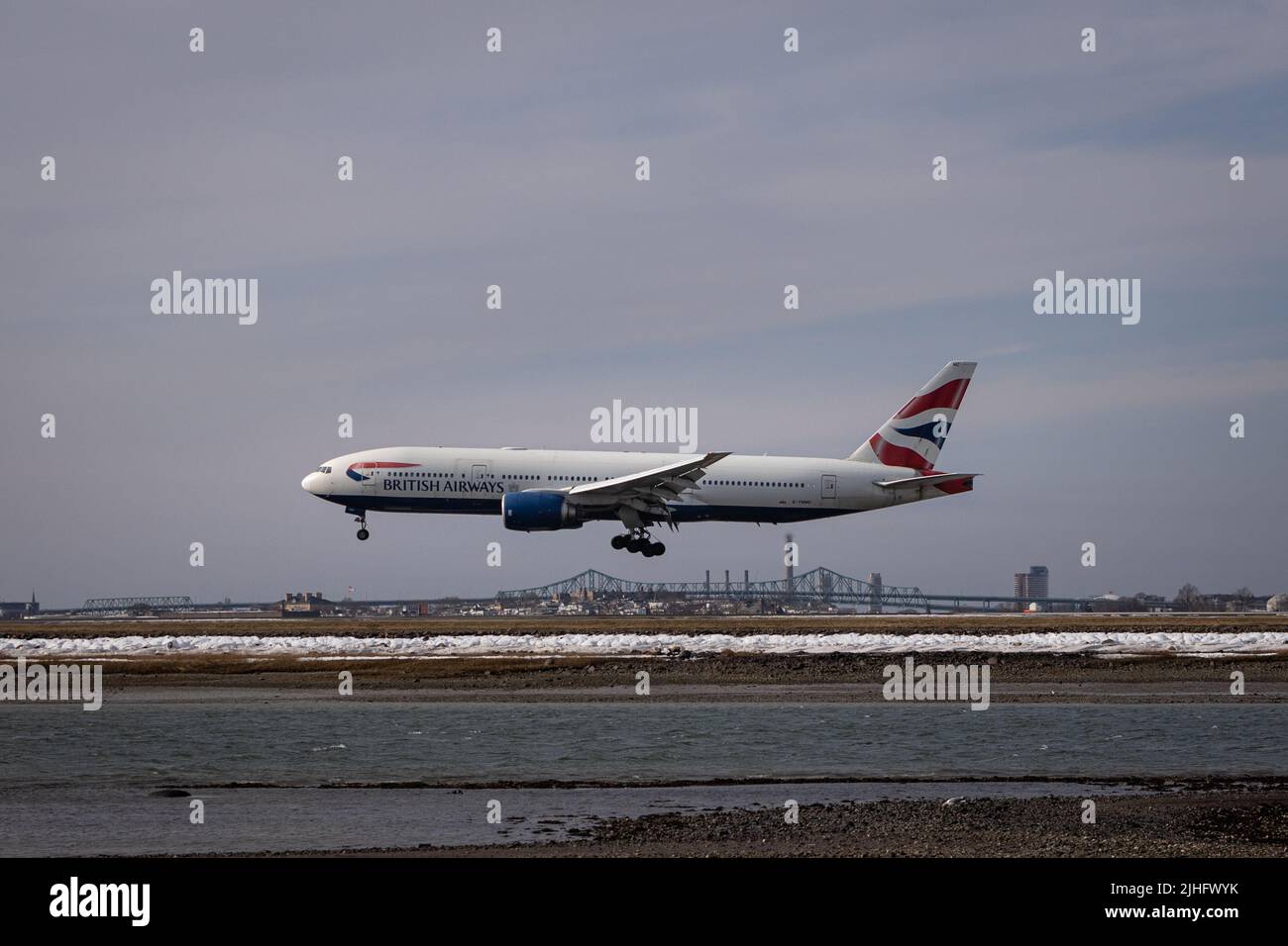 A view of an airplane landing in Boston, US after a flight from Europe ...