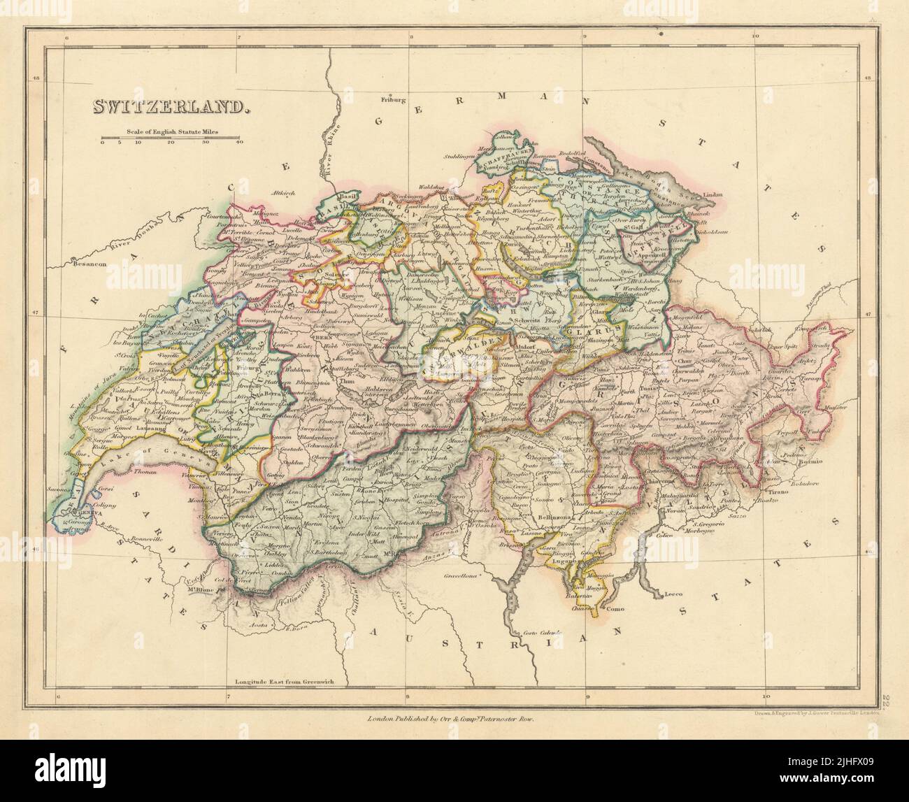Switzerland in cantons by John Dower 1845 old antique vintage map plan ...