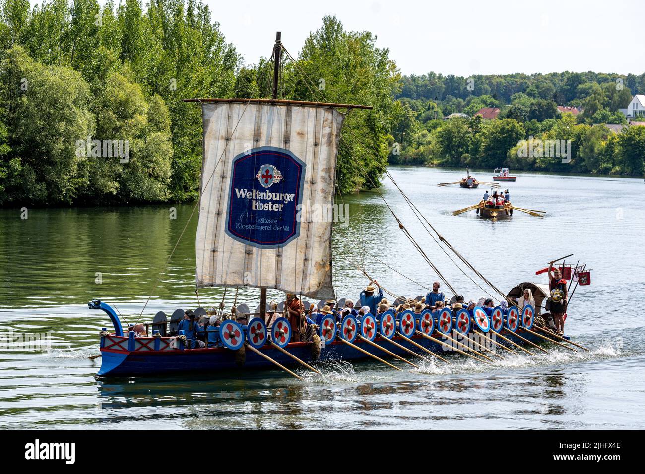 Regensburg, Germany. 18th July, 2022. Three replica Roman galleys are ...
