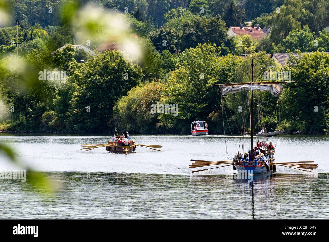 Regensburg, Germany. 18th July, 2022. Replica Roman galleys are ...