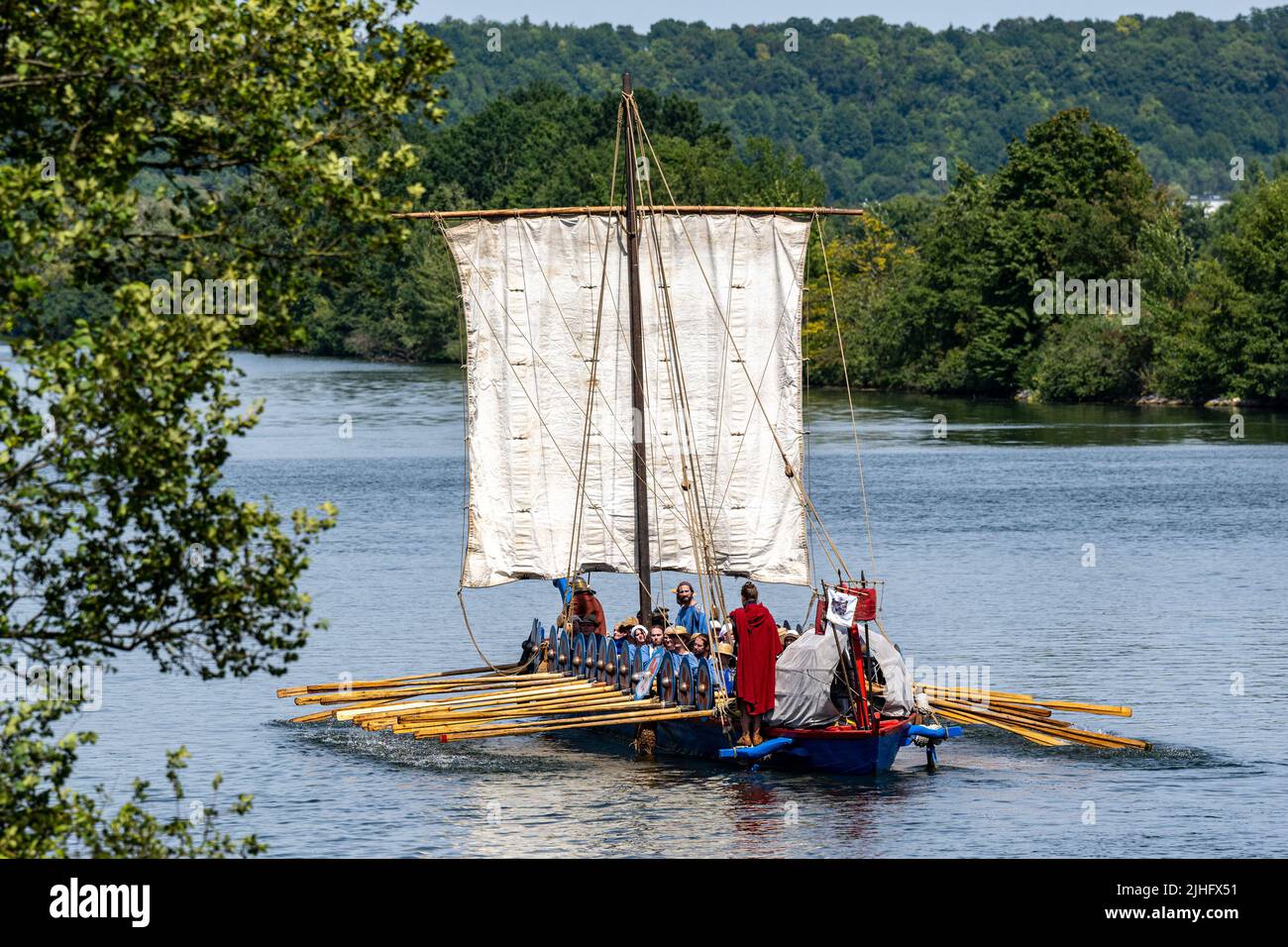 Regensburg, Germany. 18th July, 2022. A replica Roman galley is ...