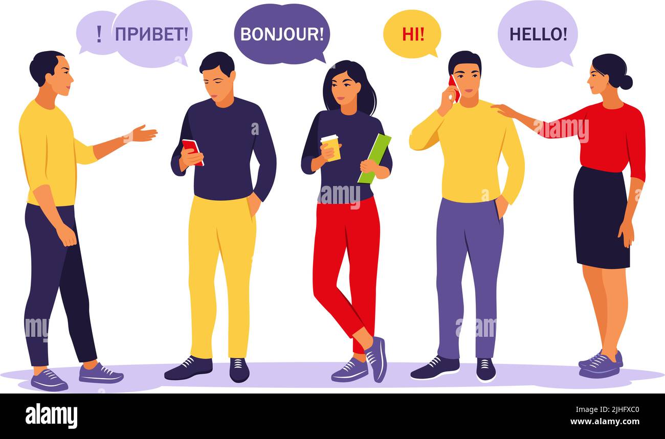 Young people saying hello in different languages. Students with speech ...