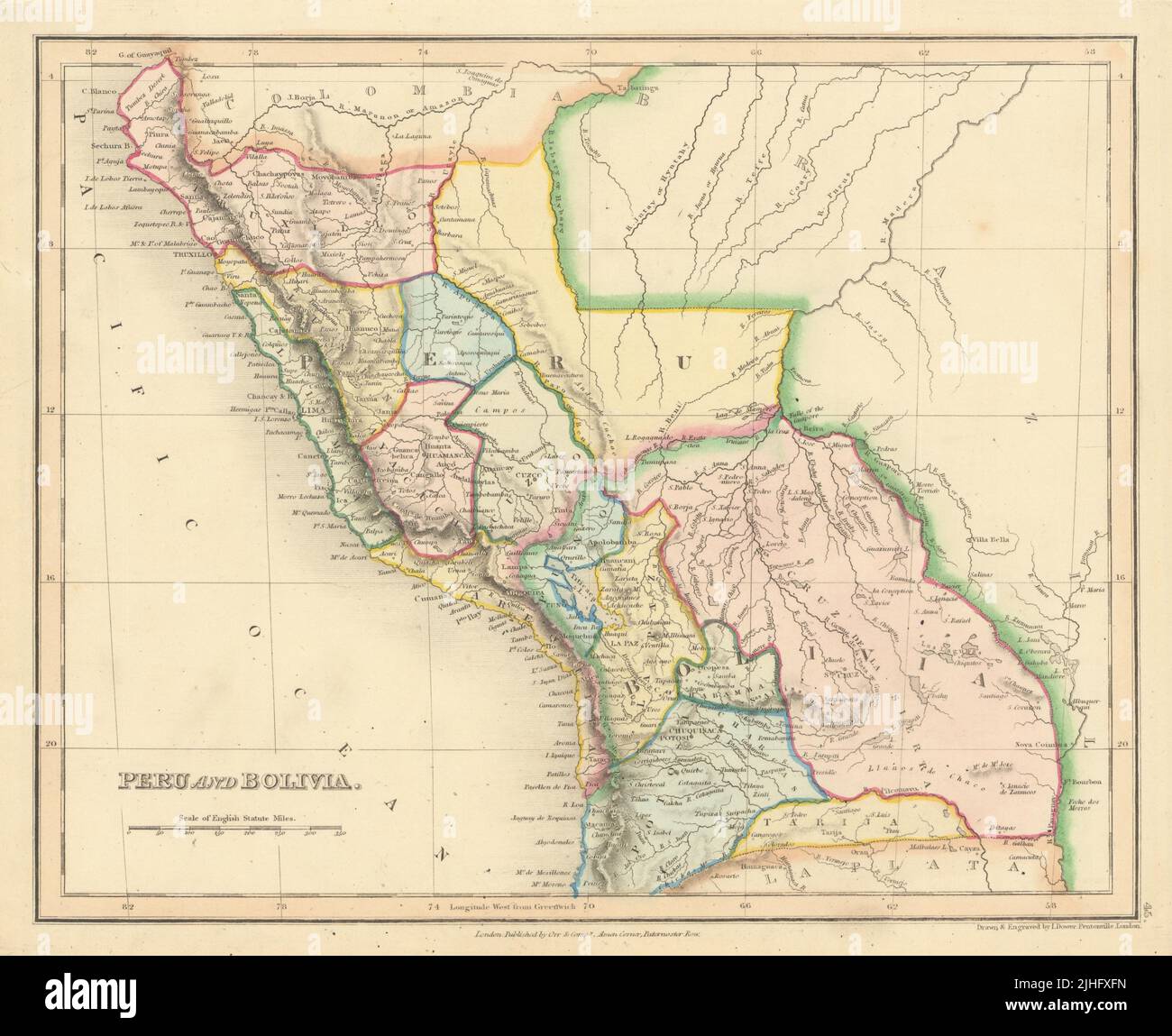 Peru and Bolivia in provinces by John Dower 1845 old antique map plan ...