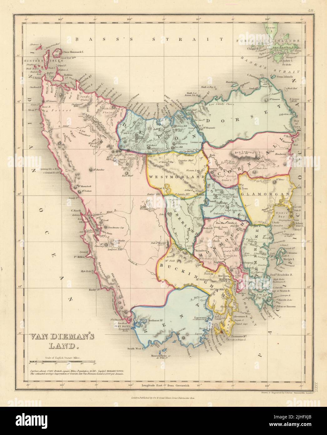 Van Dieman's Land by John Dower. Tasmania in counties 1845 old antique ...