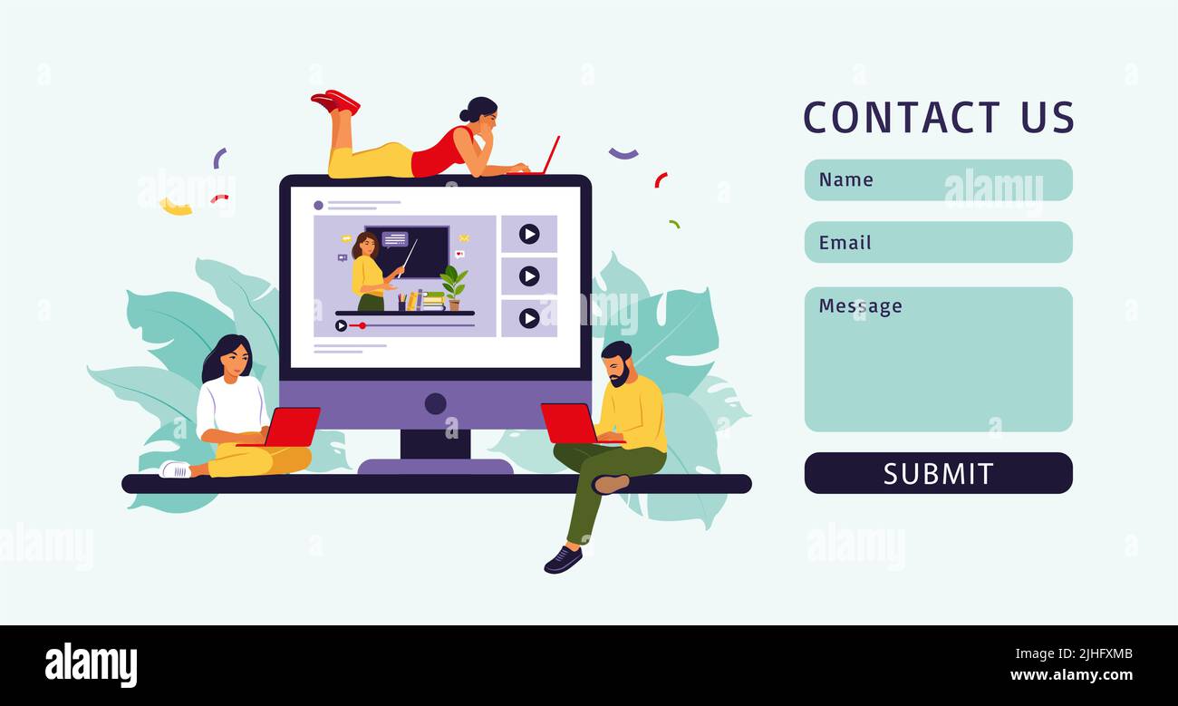 Young people studying in online school. Contact us form for web. Vector ...