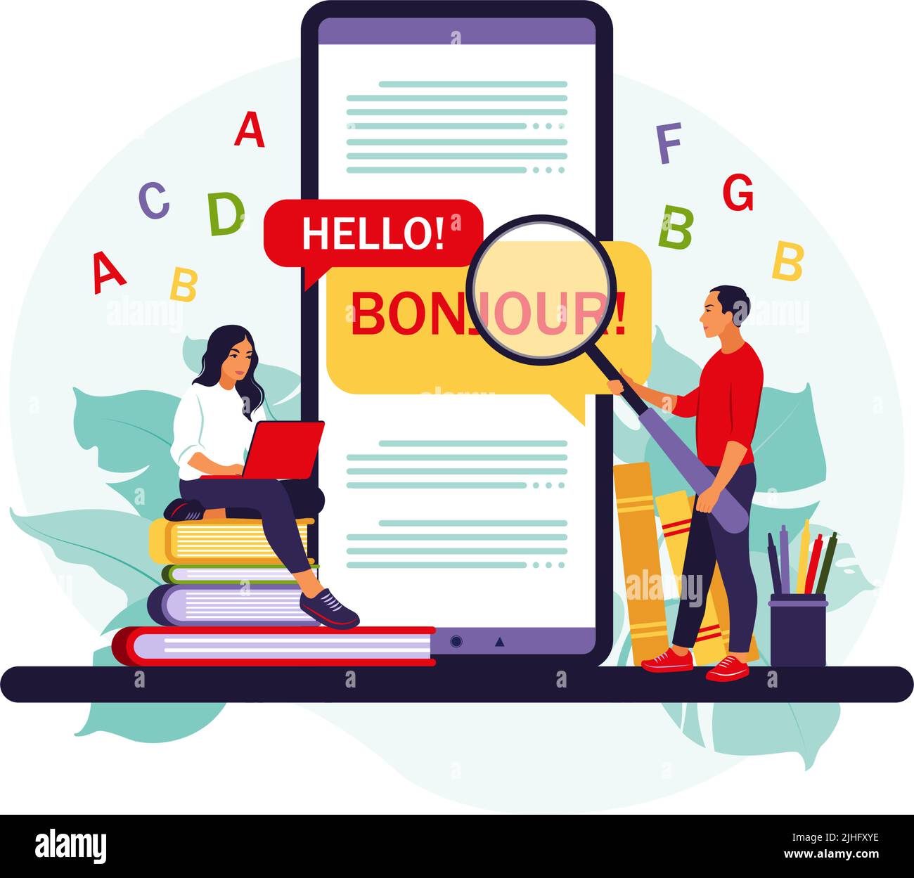 Translating app on mobile phone. People using online translation ...