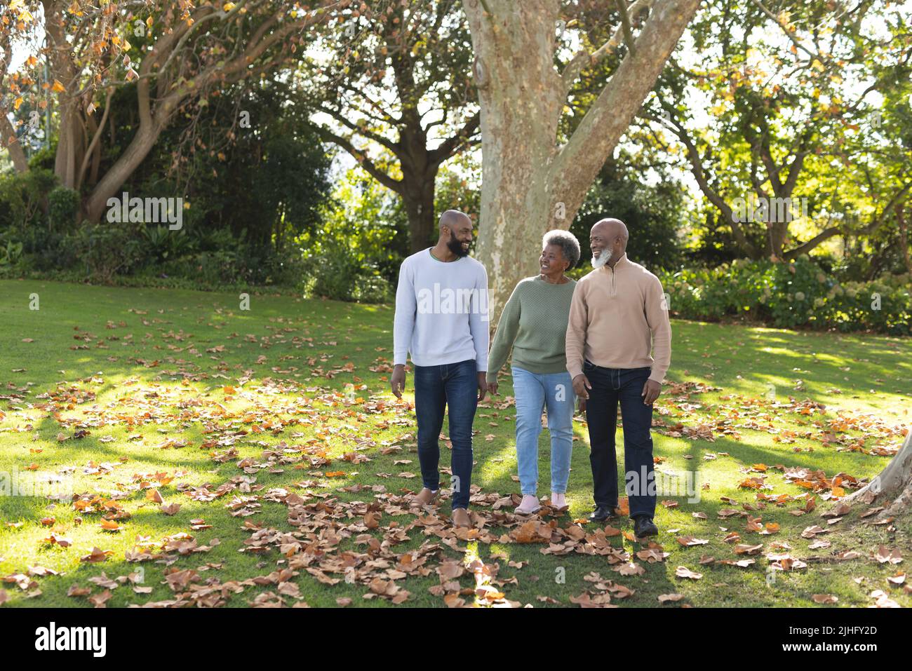 Image of happy african american parents and adult son walking in garden ...
