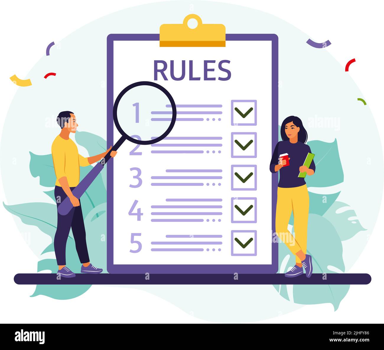 People studying list of rules, making checklist, reading guidance ...