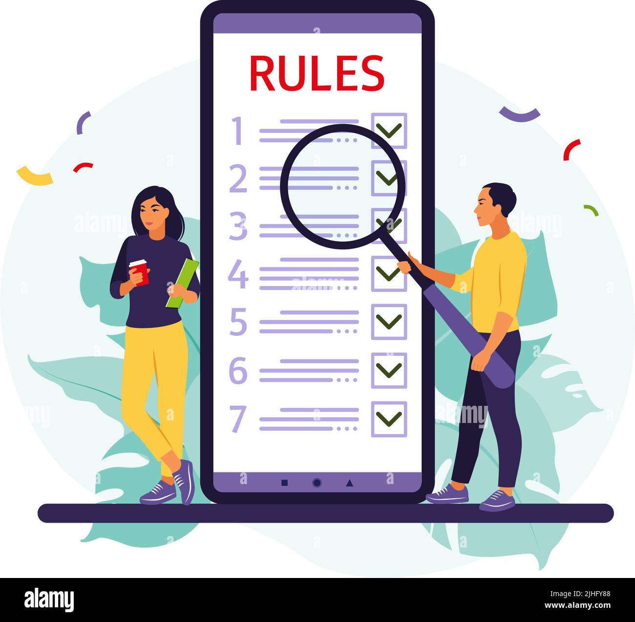 People studying list of rules, making checklist, reading guidance ...