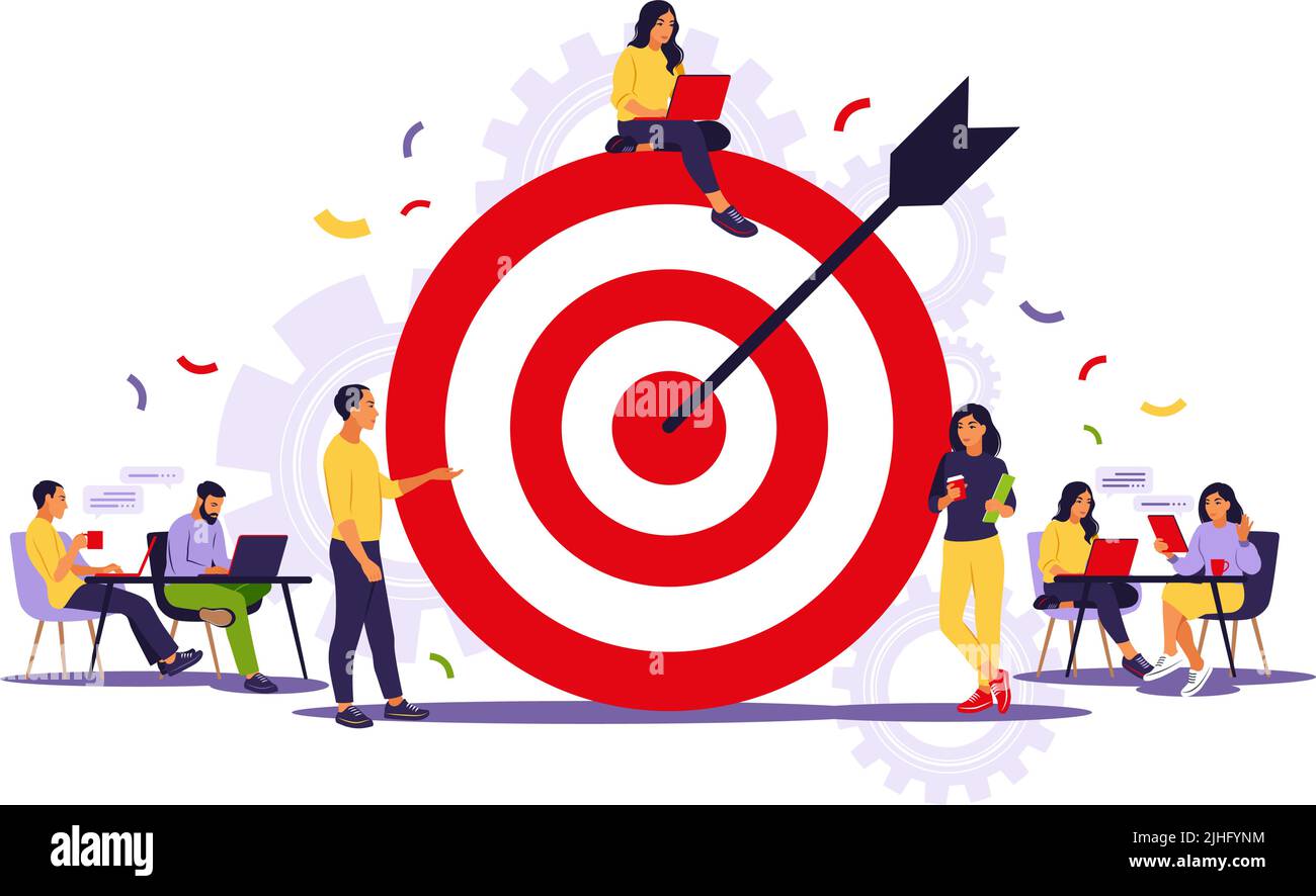 Business team achieving goal. Marketing strategy concept. People near huge target with arrow ...