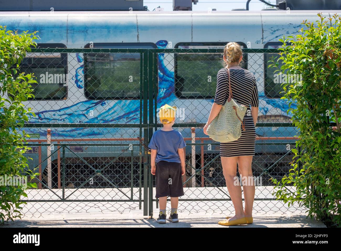 Adorable little boy staring with his mother the train in a train ...