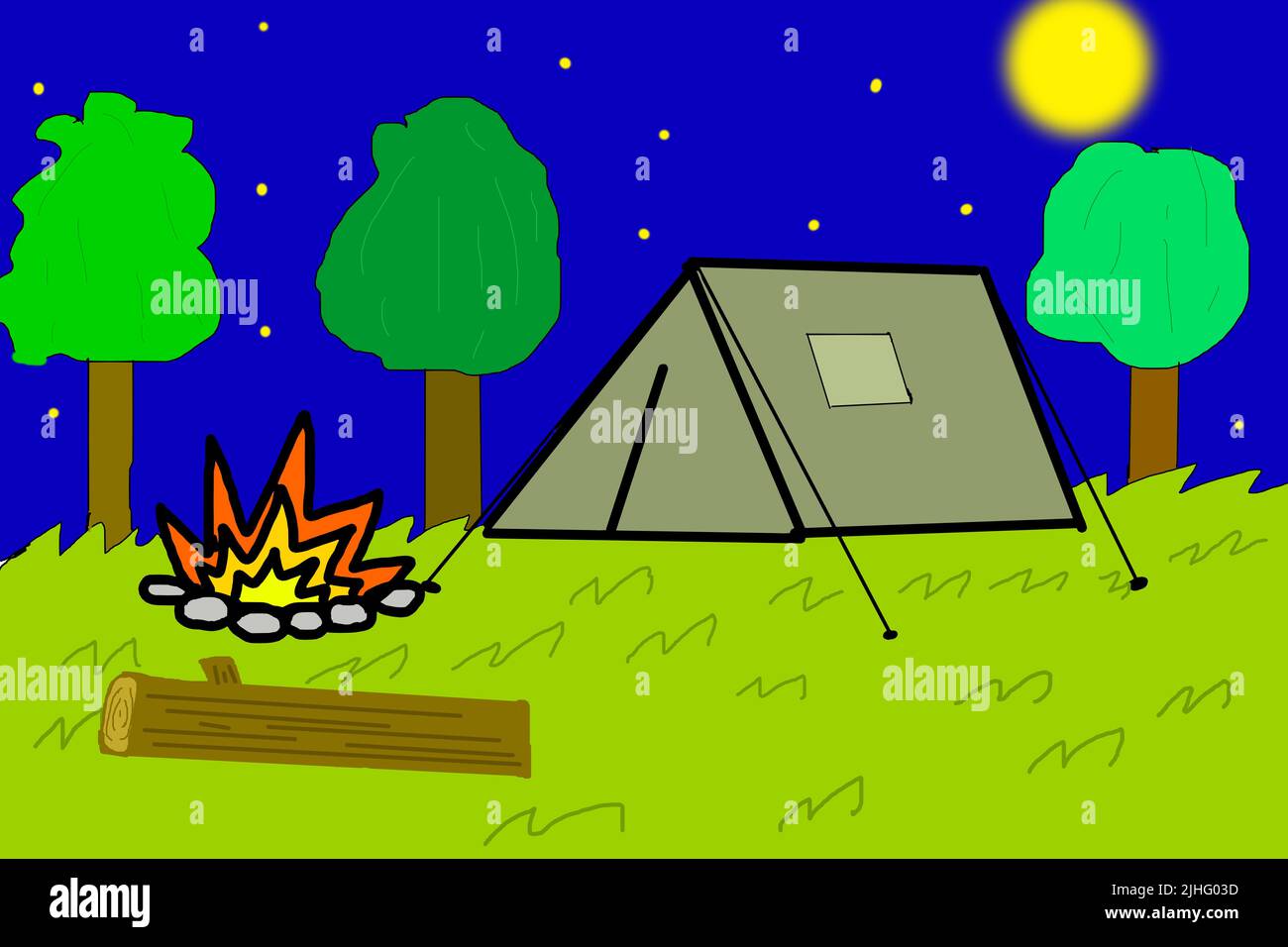Camping in the forest, with a tent and a fire. Children's drawing. High ...