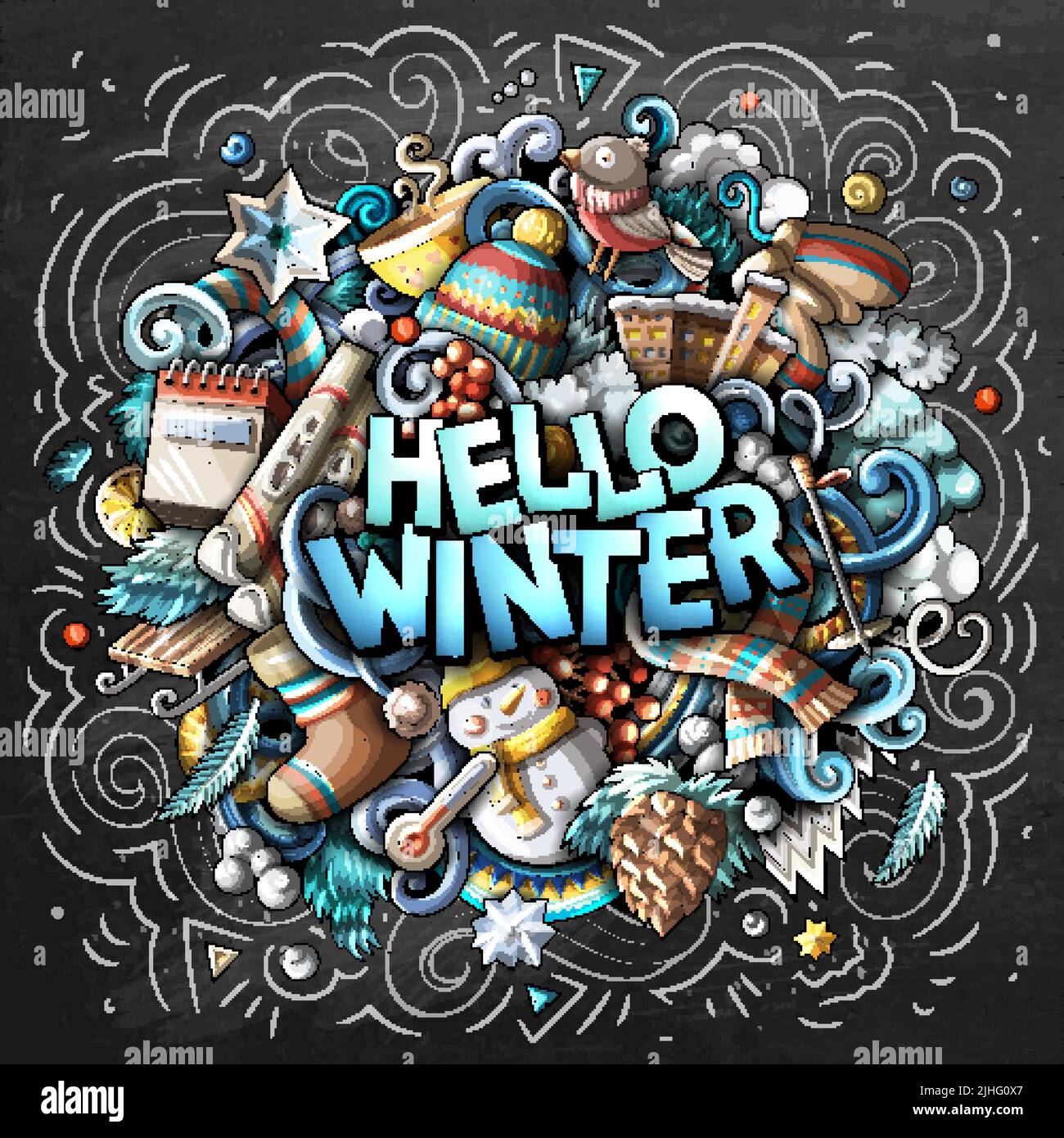 Hello Winter hand drawn cartoon doodles illustration. Funny seasonal ...