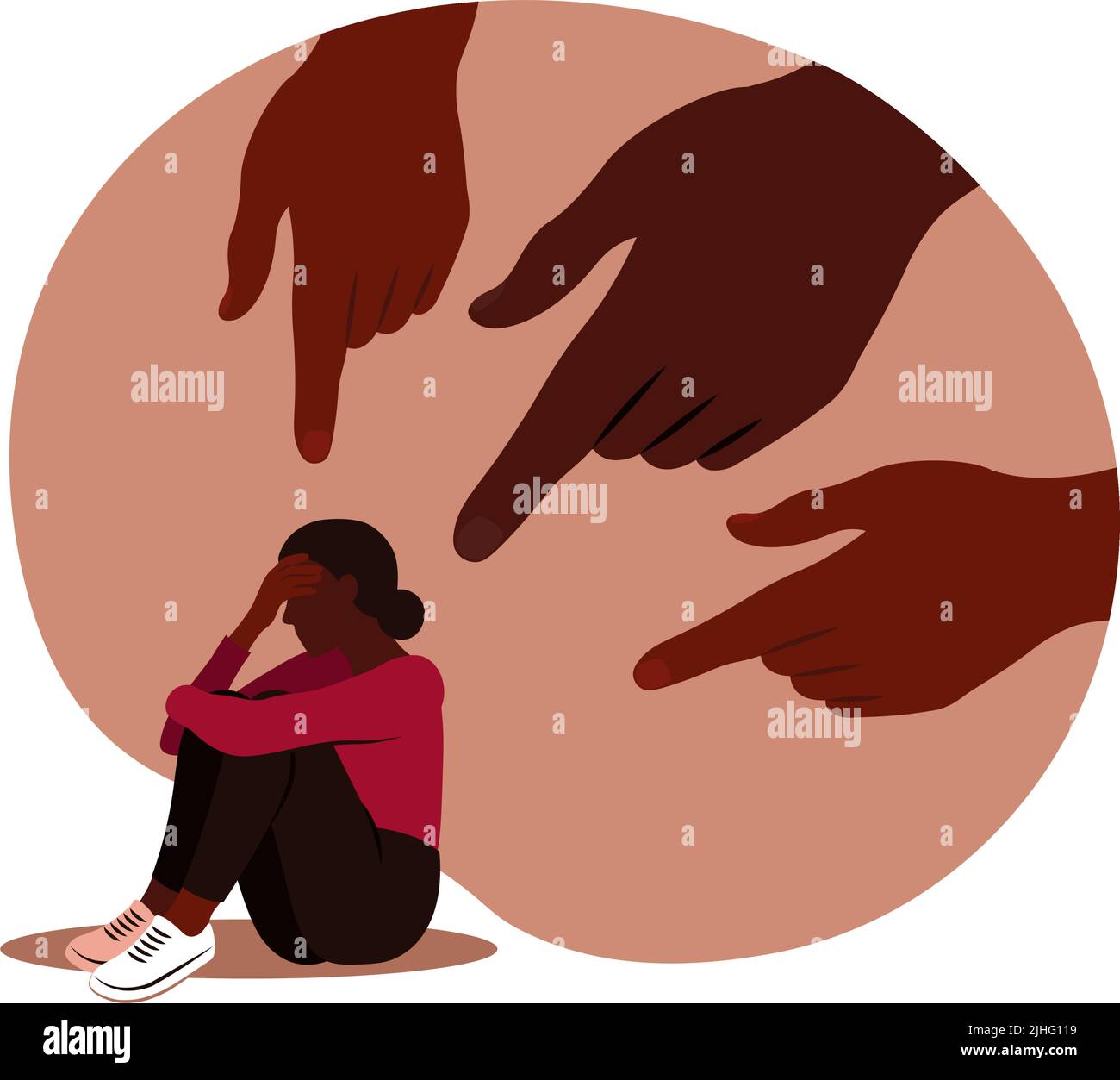 Hands of people point to the african girl. Opinion and the pressure of ...