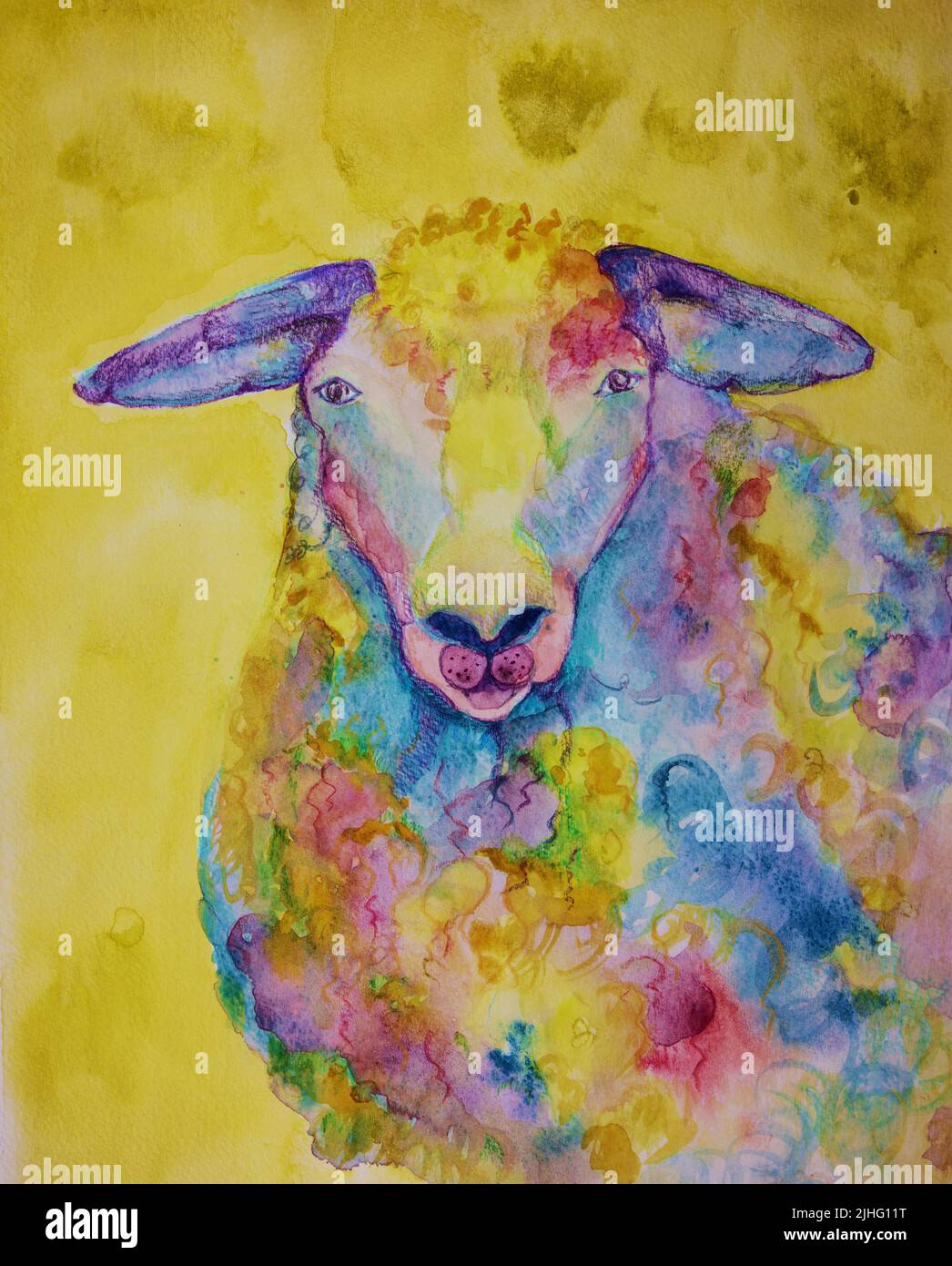 Wooly colourful sheep with gold background. The dabbing technique near ...