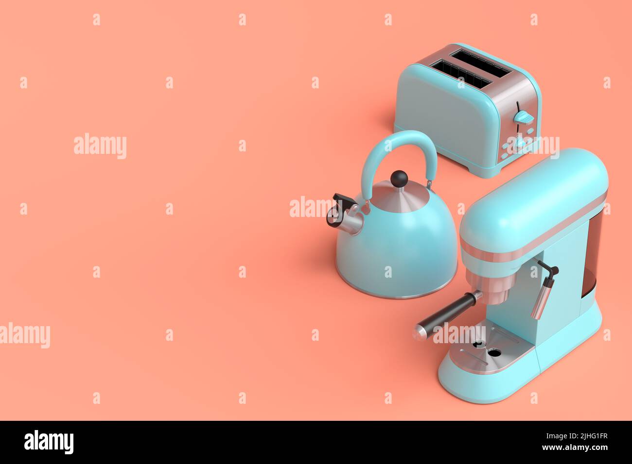 Kettle, toaster, coffee machine with horn and multicooker on coral ...