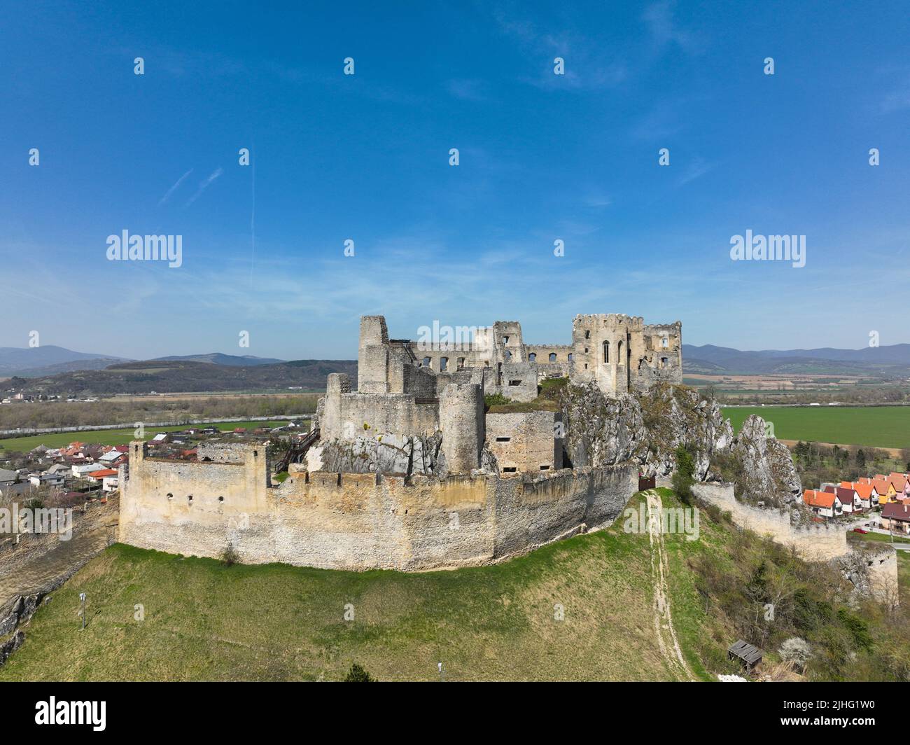Aerial view of Beckov Castle in the village of Beckov in Slovakia Stock ...