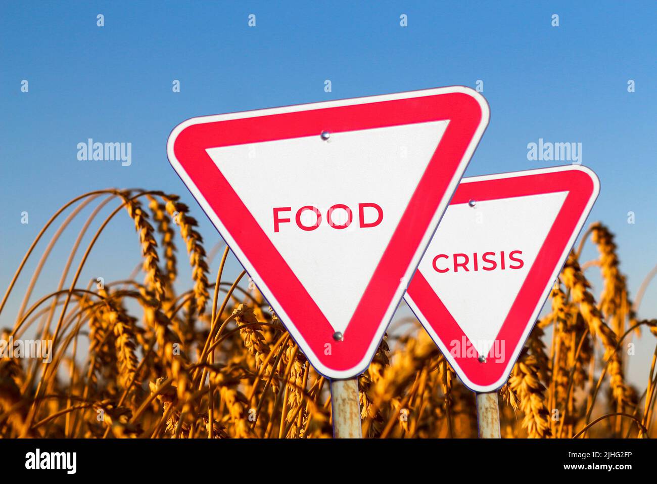 Food crisis concept. Two red road signs. Defocus blank empty triangle ...