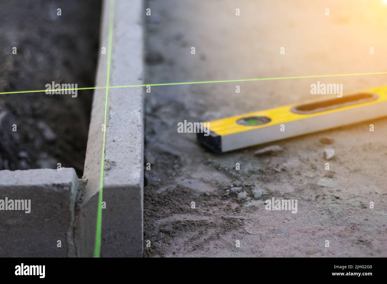 Defocus level tool. Construction industry. Yellow level tool spirit and ...
