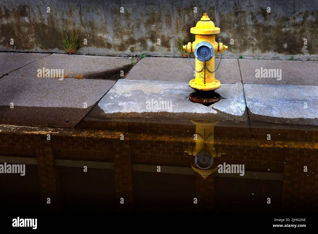 Yellow fire hydrant by urban building reflected in puddle of water in ...