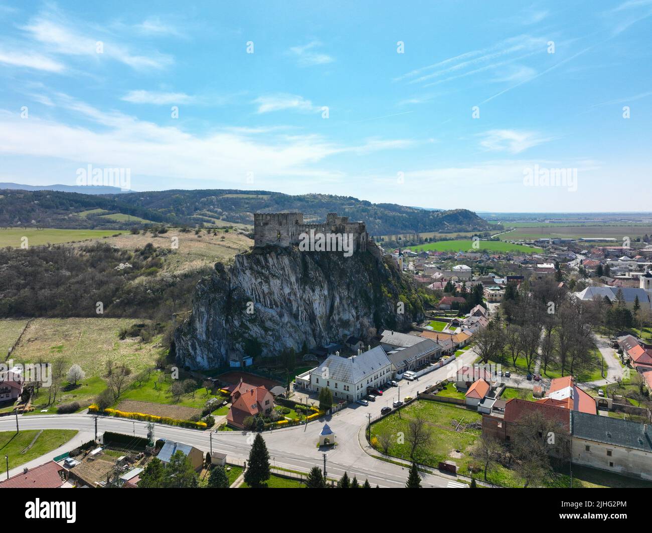 Aerial view of Beckov Castle in the village of Beckov in Slovakia Stock ...