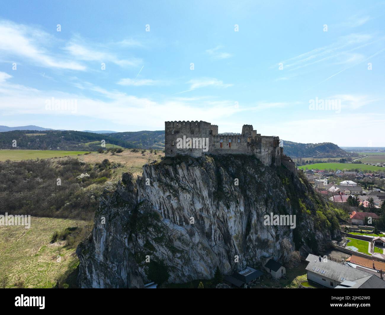 Aerial view of Beckov Castle in the village of Beckov in Slovakia Stock ...