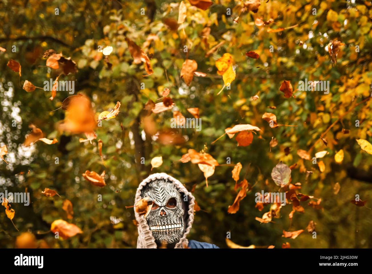 Defocus Halloween people. Person in grim reaper mask raising hand and ...