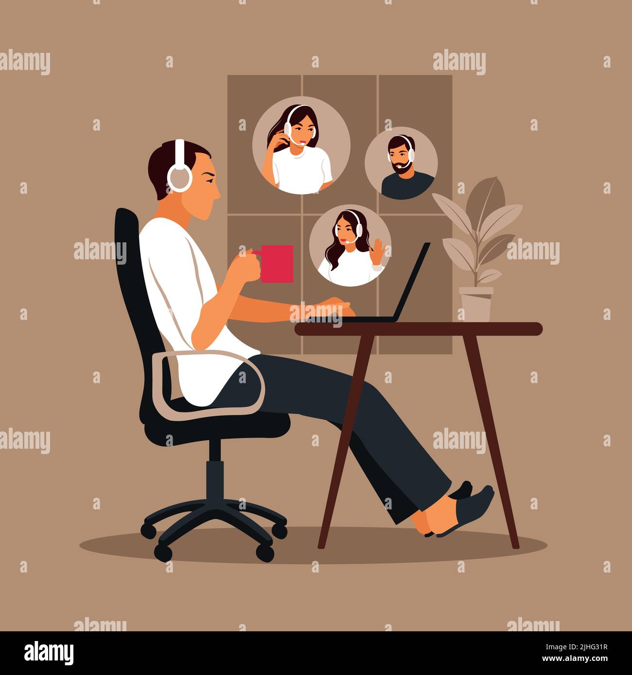 Man using computer for collective virtual meeting and group video ...