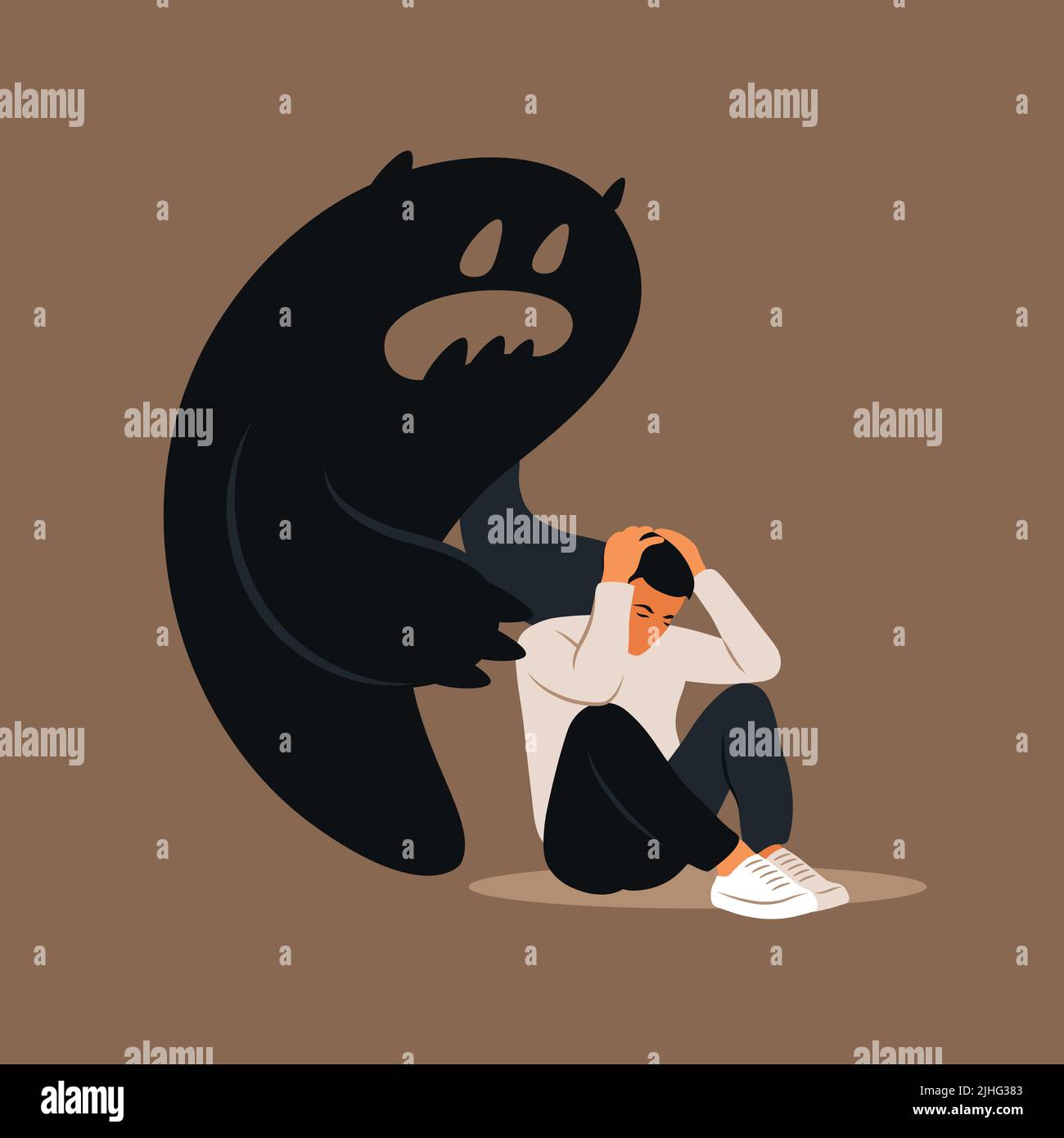 Fear or panic attack. Sad man with lowered head frightened with his own ...