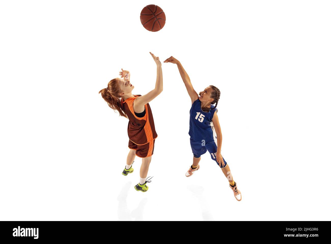 Aerial view of female basketball players, young girls, teen playing ...