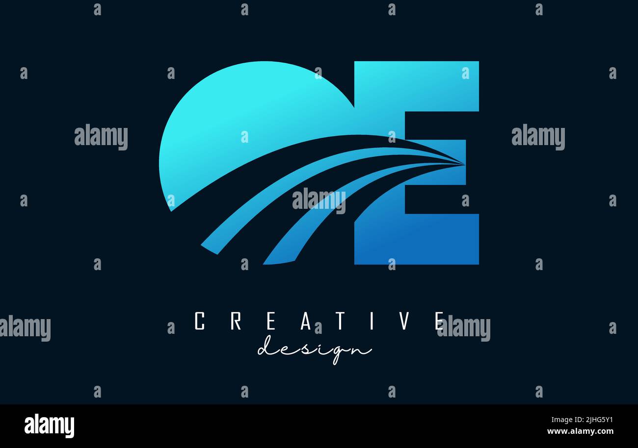 Creative blue letter OE o e logo with leading lines and road concept ...