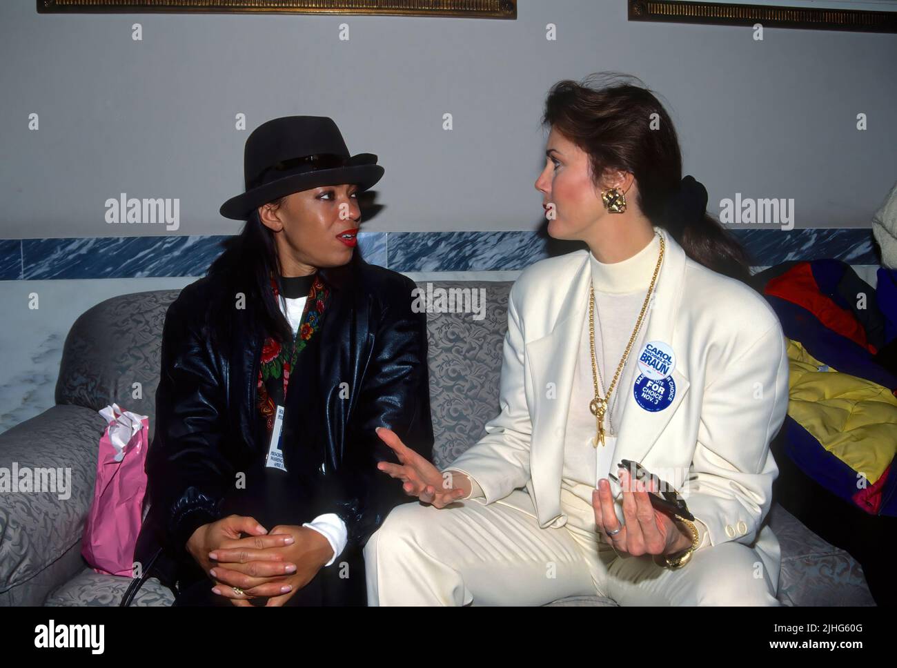 WASHINGTON DC - APRIL 5, 1992Downtown Julie Brown sits on sofa chatting ...