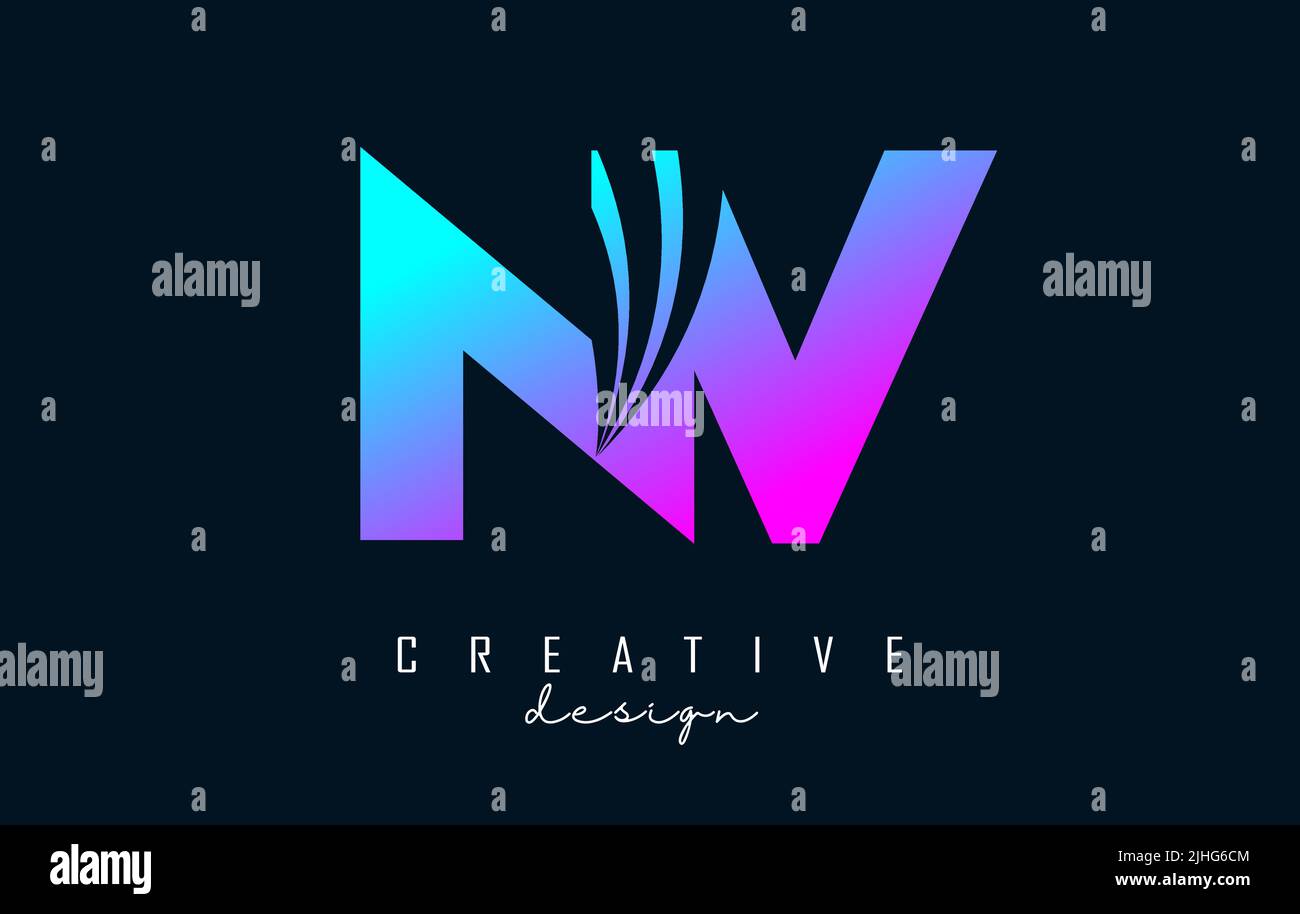 Creative colorful letter NV n v logo with leading lines and road ...