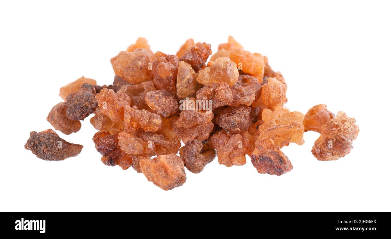Myrrh resin isolated on white background. Pile of natural Commiphora ...