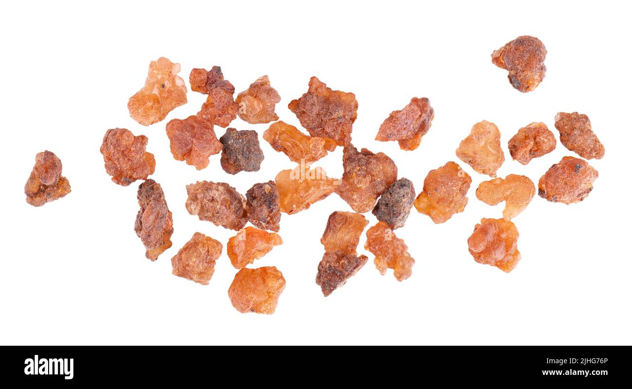 Myrrh resin isolated on white background. Pile of natural Commiphora ...