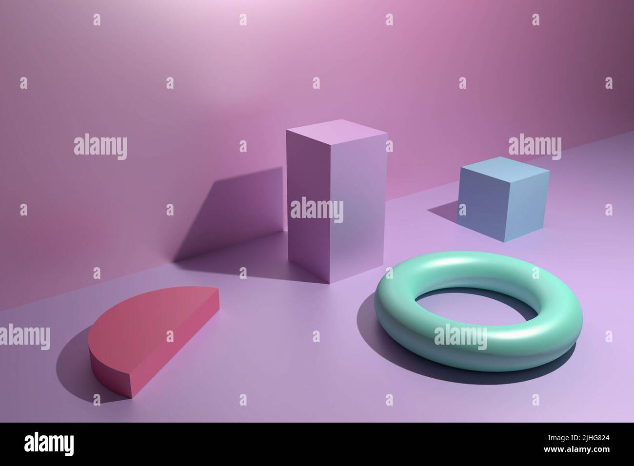 Abstract pink scene with multicolored geometric bodies. 3D rendering ...