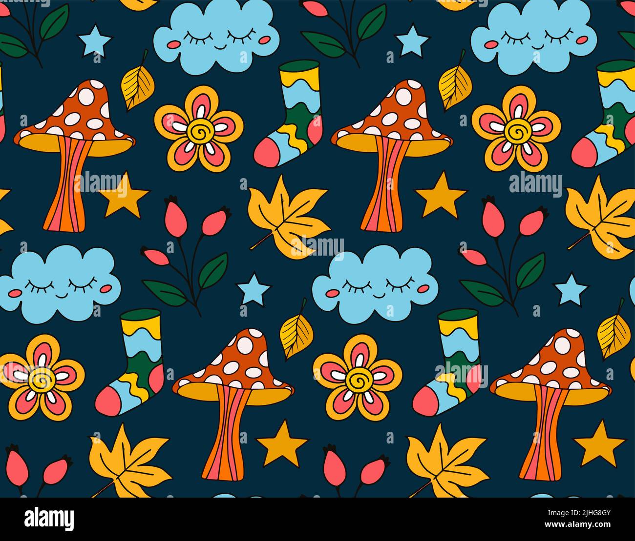 Retro 70s autumn vibe, hippie psychedelic groovy pattern. Cartoon funky ...