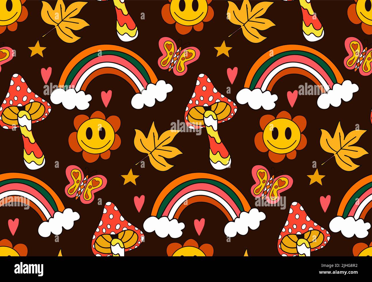 Retro 70s autumn vibe, hippie psychedelic groovy pattern. Cartoon funky ...
